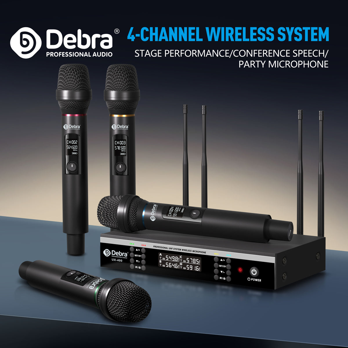 D Debra Audio Wireless Microphone System Pro UX400 UHF 4 Channle Recha